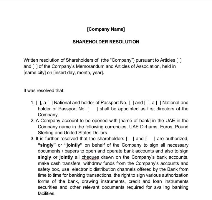 Template Shareholders Resolution (UAE Bank Account Opening) – Arkhurst ...