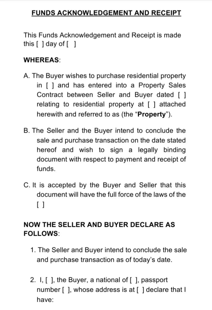 Funds Acknowledgement Template (real estate sale) – Arkhurst Online ...