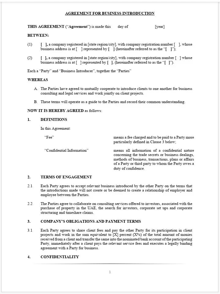 Simple Business Introduction Agreement Template – Arkhurst Online Legal ...